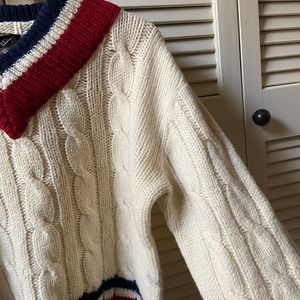 Pendleton | Sweaters | Rare Vintage 6s Pendleton Tennis Cable Knit Sweater Cream White Red Blue ...